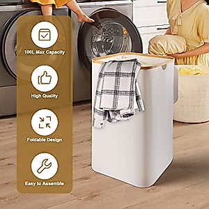 Large Laundry Basket with Lid - 100L Tall Laundry Basket Organizer, Foldable Dirty Clothes Hamper with Handles, Collapsible Laundry Hamper with Waterproof Removable Bag for Bedroom