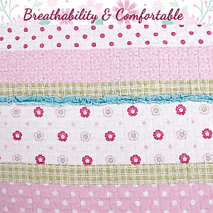 Cozy Line Home Fashions Pink Polka Dot Flower Girl 100% Cotton Reversible Quilt Bedding Set, Coverlet, Bedspread (Greta Pastel, Twin - 2 Piece: 1 Quilt + 1 Sham)