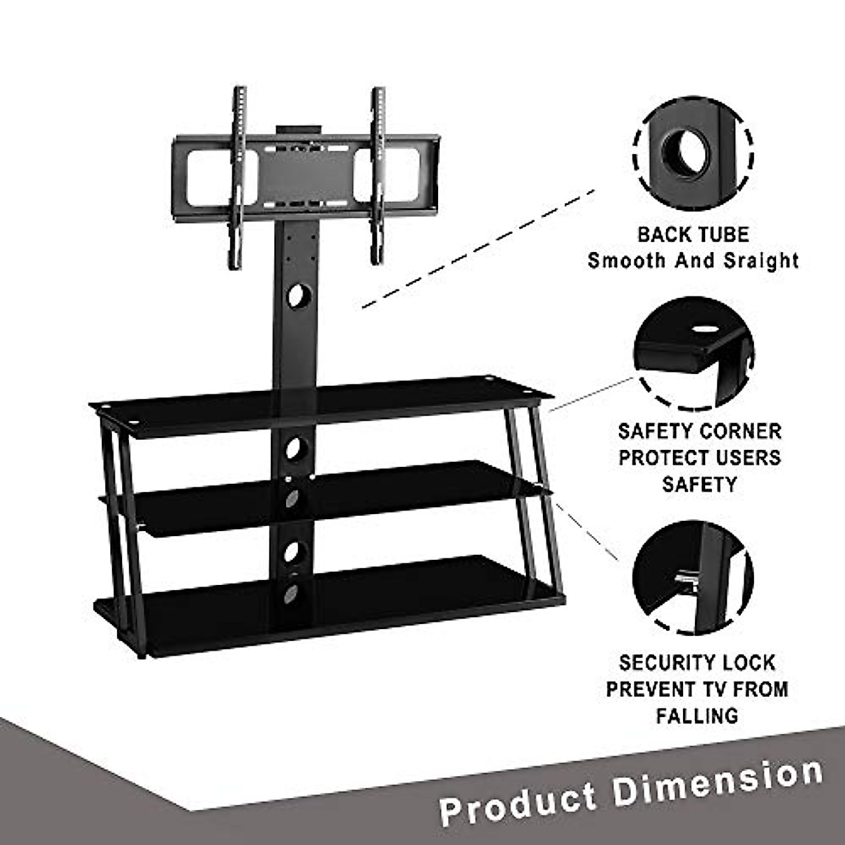 Swivel Floor TV Stand Height Adjustable Bracket Entertainment Stand for 32 to 65 inch TV | 3-Tier BlackTempered Glass Multi-Function TV Stand (New Black)