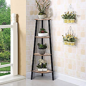 Tangkula Industrial Corner Shelf, 4-Tier Ladder Bookshelf, Metal Frame Storage Rack, Bookcase, Plant Stand, Multipurpose Accent Furniture for Home Office, Display Corner Shelf (Rustic Brown)