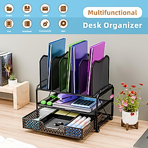 Simple Trending-Mesh Desk Organizer with Sliding Drawer, Double Tray with 5 Sections File Bookshelf, Black