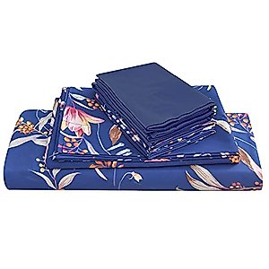 JSD Navy Blue Floral Printed Sheet Set King 6 Piece, Soft Microfiber Botanical Pattern Bed Sheets Extra Deep Pocket