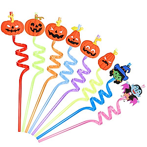 24 Pack of Cocktail Stirrers Curved Straws, Clear Reusable Pumpkin Witch Spider Pattern Drinking Straws for Halloween Party Decoration Supplies Birthday Party Favors, 8 Styles