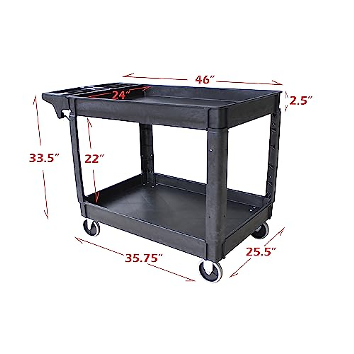 MaxWorks 80857 500-lb Utility Service PP Cart With Two Trays and Wheels 46 inch x 25.5 inch x 33.5 inch Overall Dimensions