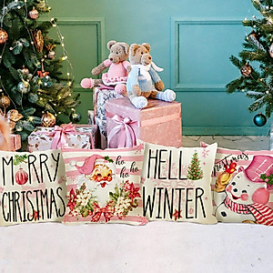 Christmas Pillow Covers 18x18 Set of 4 Pink Christmas Decorations Throw Pillow Case Stripes Santa Snowman Snowflake Winter Holiday Home Decor Cushion for Sofa Couch