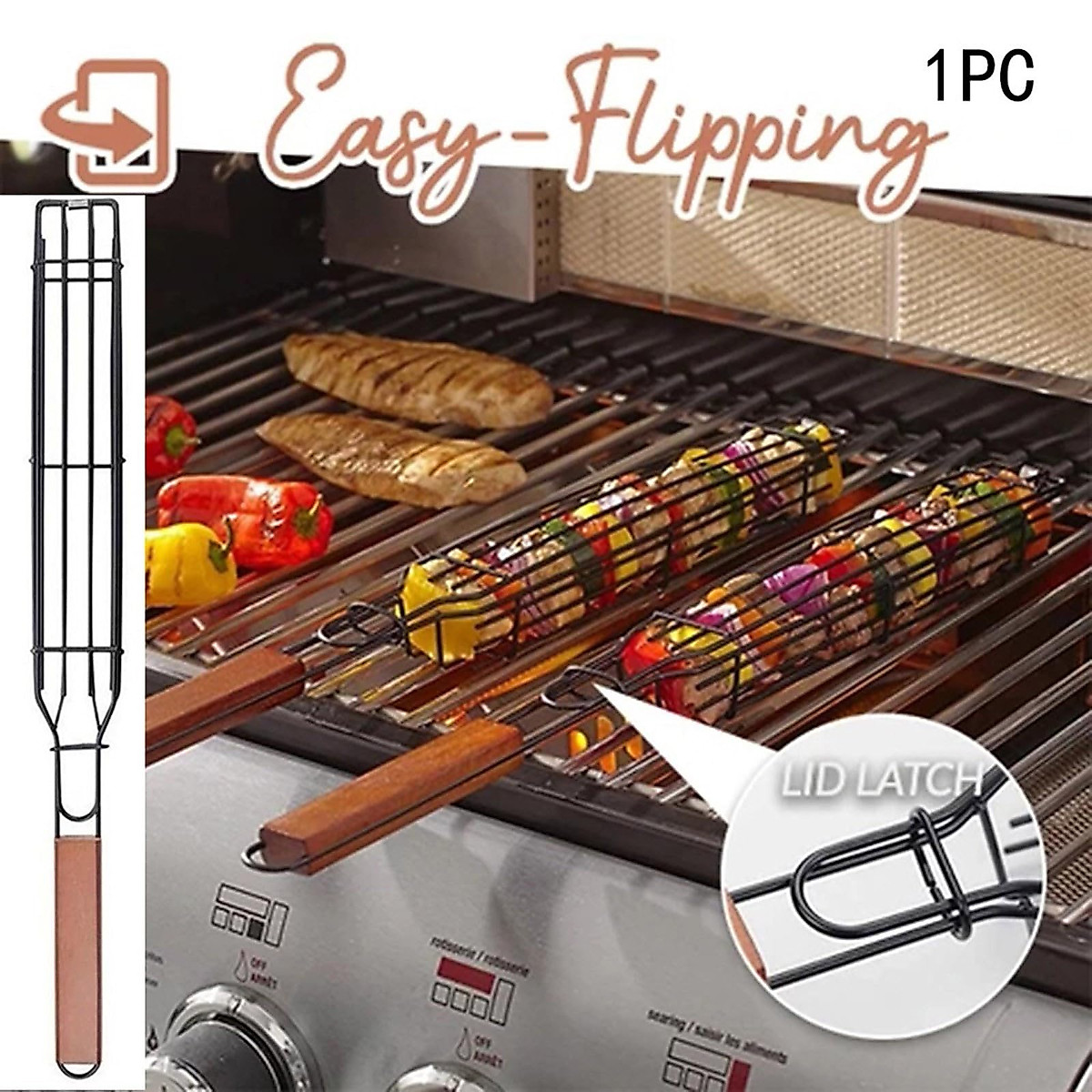 Grilling Basket - BBQ Grill Accessories and Grill Grate, Duty Stainless Steel BBQ Grill Box Tool With Lockable And Wood Handle for Veggies, Meat, Seafood, and More