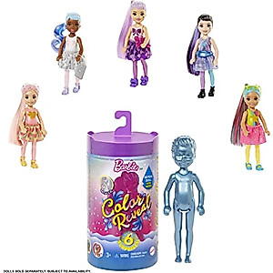 Barbie Color Reveal Chelsea Doll with 6 Surprises: 4 Mystery Bags, Water Reveals Doll's Look & Color Change on Bodice; Glitter Series; [Styles May Vary]