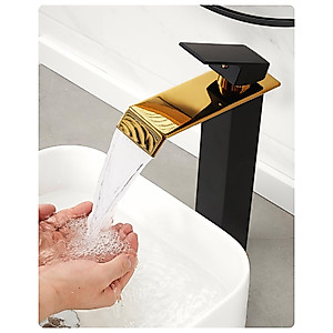 KUZOR 1PC Vessel Sink Faucet Brass Stainless Steel, Tall Bathroom Faucet 1 Hole 5-Minutes Installation - for Bathroom/Vanity/Bowl Sink - 11.26 Inch Height, 24.9 Oz Weight - Matte Black/Shiny Gold