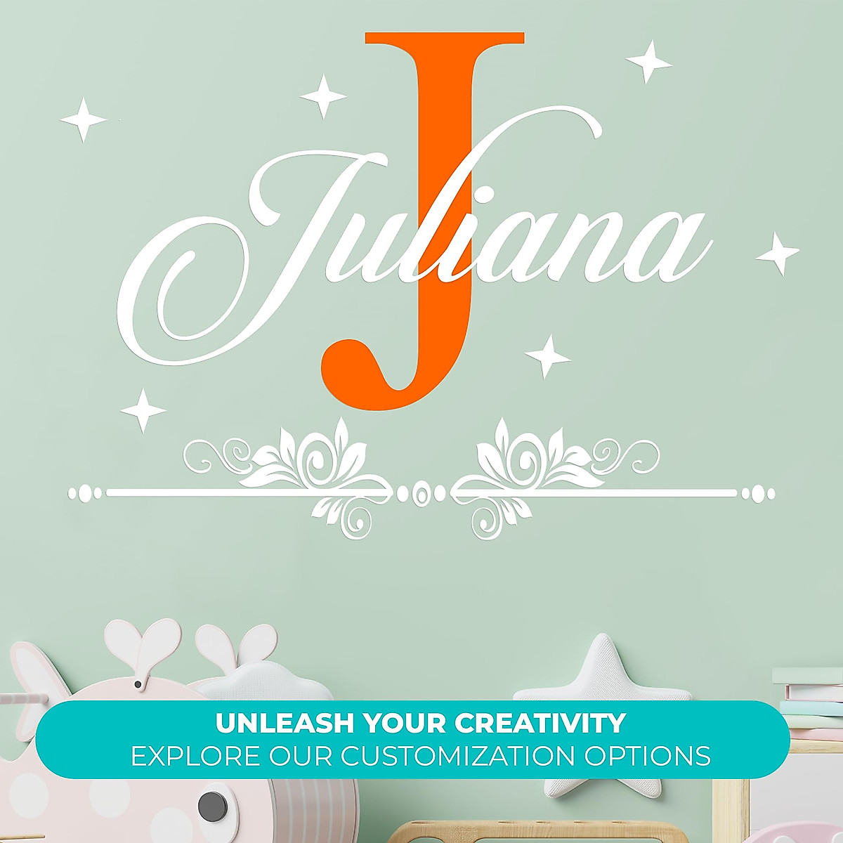 Custom Name and Initial Wall Decal Nursery - Baby Girl Decoration - Mural Wall Decal Sticker for Home Interior Decoration Car Laptop (M283) (Wide 30" x 17" Height)