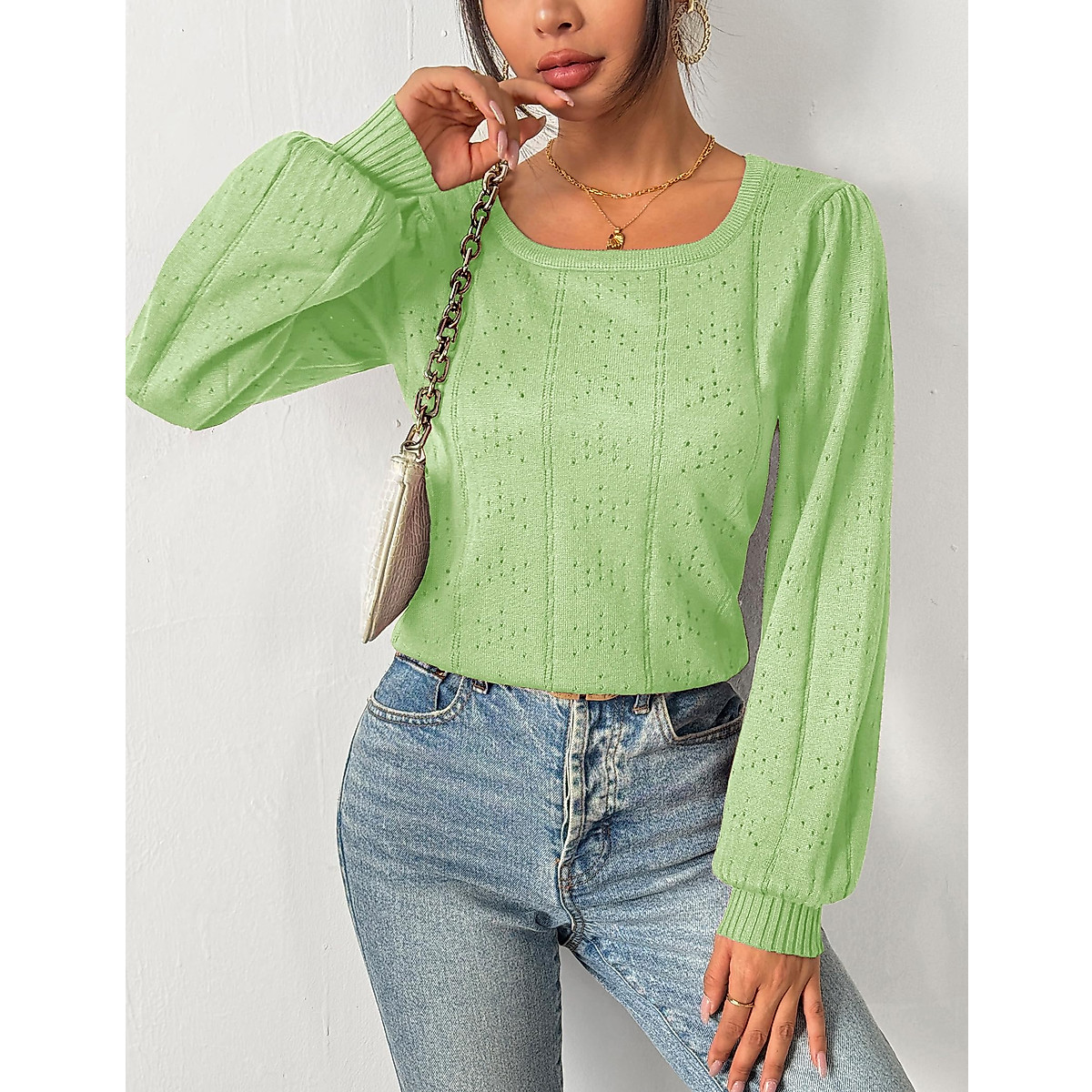 HOTOUCH Womens Puff Sleeve Sweater 2025 Square Neck Casual Cozy Cute Knit Slim Pullover Jumper Tops