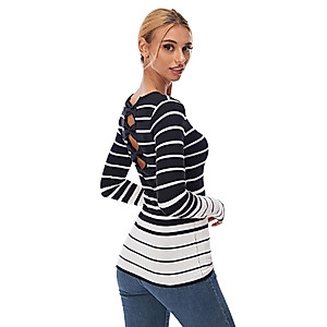 AmélieBoutik Women Striped V Neck Bow Open Back Long Sleeve Sweater (Black and Ivory X-Large)