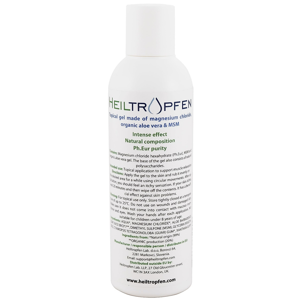 Magnesium Gel with Aloe Vera & MSM | 6.76 Oz - 200 ml | Pure Magnesium Chloride | Organic Aloe Vera | Heiltropfen®