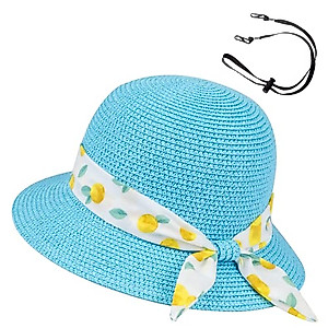 Girls Sun Straw Hat Kids Summer Beach Packable Hats Sky Blue Cute Floppy Wide Brim UV Protection Cap Adjustable Size with Chin Strap for Toddler Baby Childrens Little Girl Ages 5 6 7 8 9 10 Years