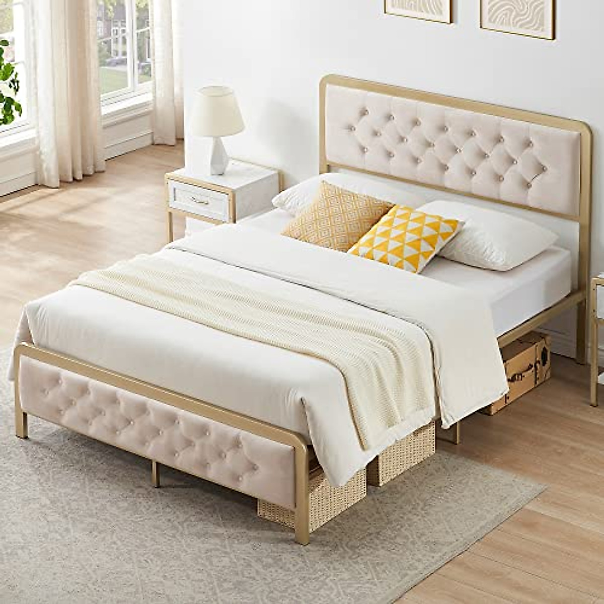 Amyove Golden Queen Size Bed Frame,Upholstered Bed Frame with Button Tufted Headboard,Heavy Duty Metal Easy Assembly,No Box Spring Needed (Beige, Queen)