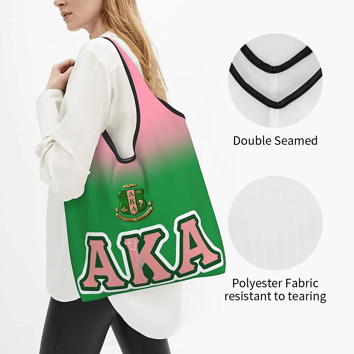 GGFF AKA Tote Shopping Bags 15 inchx15.7 inch Reruseable Washable Waterproof Grocery Bag Sorority Shopping Bag is 4.3 inchx 4.7 inch Folded Bag fits in Pocket, Pink-green, One Size