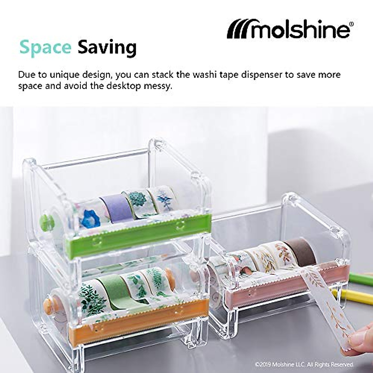 molshine 2 Pack Transparent Desktop Multi Washi Masking Tape Storage Dispenser,Tape Cutter,Tape Roll Holder (Not Include Masking Tape) (Beige)