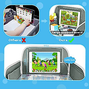 MENZOKE Kids Travel Tray, Toddler Car Seat Tray with Dry Erase Board, Collapsible Lap Car Seat Travel Table Desk w/iPad Holder, Storage Pocket, Kids Tray for Road Trip, Car Stroller, Airplane, Grey