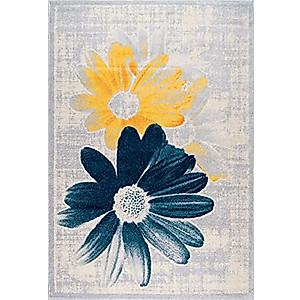 Ladole Rugs Contemporary Floral Pattern Area Rug Living Room Bedroom Entrance Hallway Carpet in Teal Yellow 5x8 (5'3" x 7'6" 160cm x 230cm) 5x7 8x10 9x12 2x10 4x6 feet