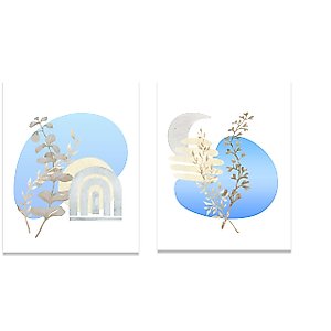 Abstract Wall Art Prints. Unframed 11 X 14 Set of 2 Sun & Moon Watercolor Wall Art Décor. Blue, Grey, Gold, Neutral. Perfect for Minimalist, Boho, Contemporary and Modern Décor.