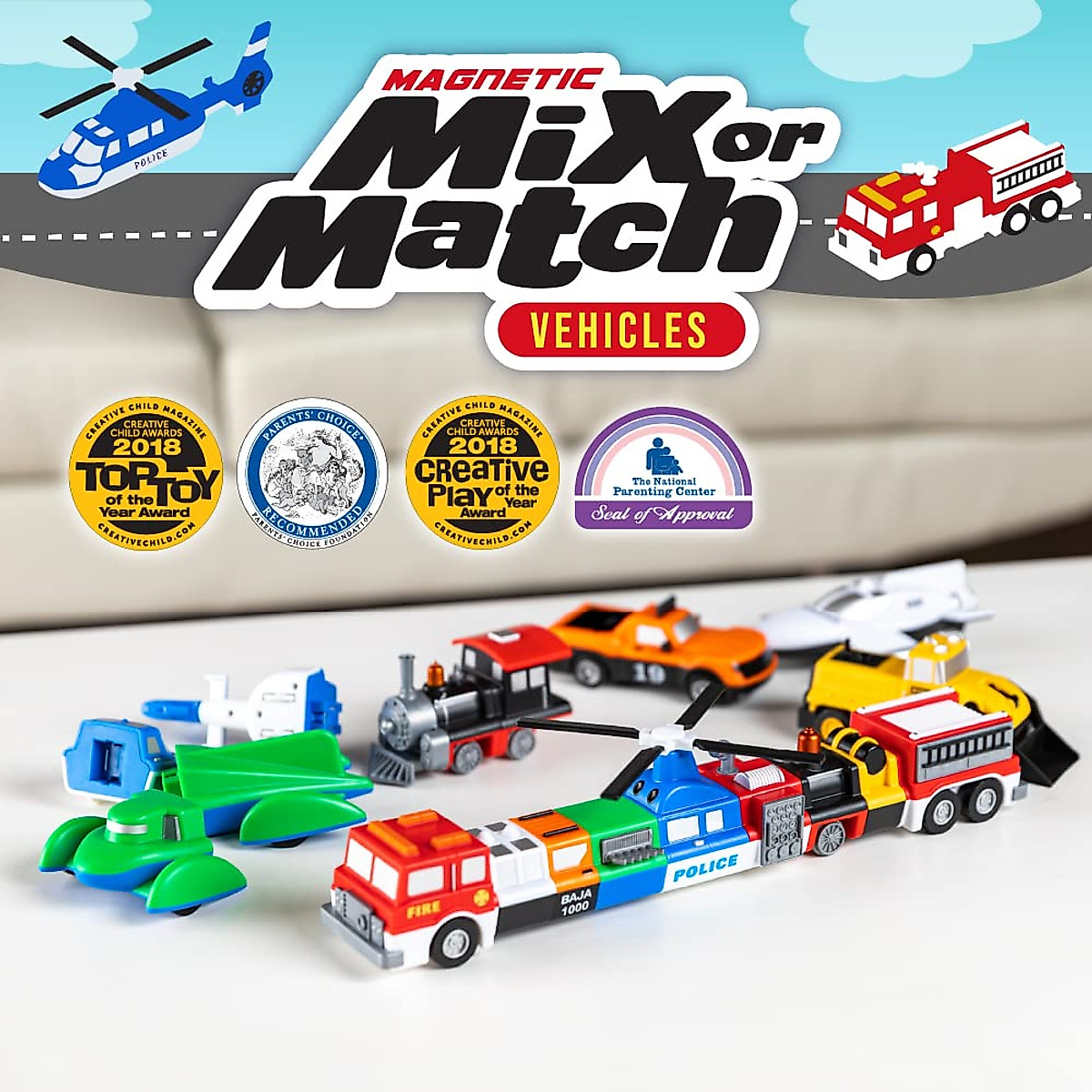 POPULAR PLAYTHINGS Mix or Match Vehicles Orange, Magnetic Toy Play Set, 21 Pieces
