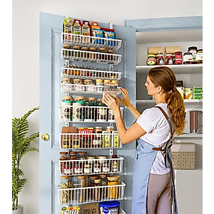 Mefirt White 9-Tier Over The Door Pantry Organizer, Pantry Organization and Storage, Deep Baskets Hanging Heavy-Duty Metal, Wall Spice Rack Seasoning Shelves for Home & Kitchen, Laundry Room Bathroom