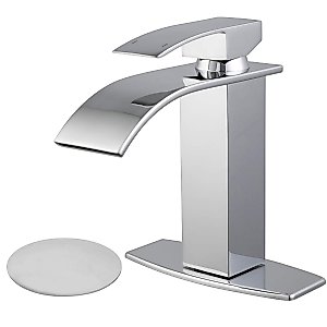 Brass Waterfall Bathroom Faucet Single Handle Bath Vanity Sink Faucet Chrome Commercial Basin Mixer Faucet with Pop Up Drain Stopper Overflow Supply and Deck Mounted (Chrome)