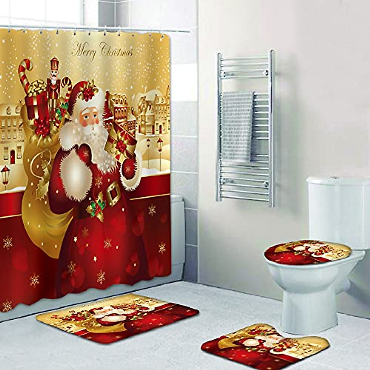 Christmas Shower Curtain Set for Bathroom Decorations,4 Pcs Xmas Element Waterproof Tub Curtains with Bath Rugs, Washable Non-Slip Mat,Toilet Cover and Hooks for Holiday Inside Outside Decor (A42)