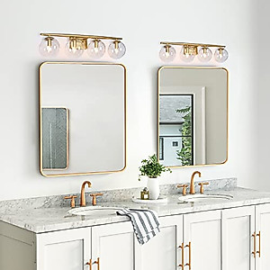 KSANA Gold Bathroom Light Fixtures, Modern Bathroom Vanity Light fixtures Over Mirror, 4 Light Bathroom Lights with Clear Globe Glass Shades and Taper Arm
