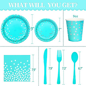 Gudvilla Teal Party Decorations, 168Pcs Teal Plates Plates and Napkins Party Supplies, Birthday Plates Serves 24, Birthday Decorations for Women, Turquoise Sweet 16, Easter Graduation Mothers Day