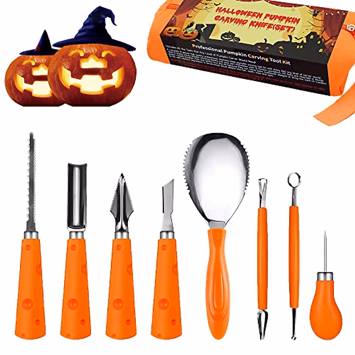 CRMPro 8 Pieces Pumpkin Carving Kit, Stainless Steel Pumpkin Carving Tools with Carrying Case for Kids & Adults Easily Carve Sculpt Halloween Jack-O-Lanterns