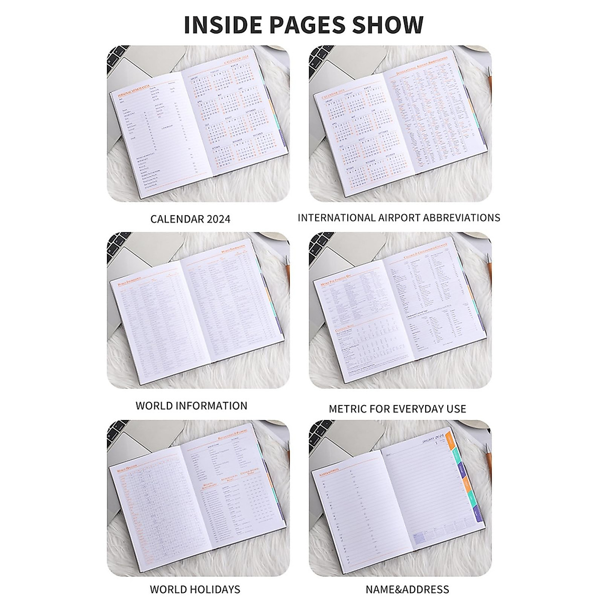 Tainrunse Embossed Decorations Planner Leak-Proof 2024 Monthly Faux Leather Cover 12 Months A5 Calendar Notebook 155 Sheets Wire Binding Tabs Agenda Pink A5