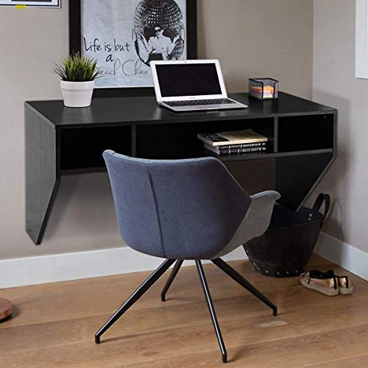 WATERJOY Wall Mounted Desk Computer Desk Floating Table, Home Office Working Desk, Wall Mounted Console Workstation Laptop PC Table with Storage Shelves Black