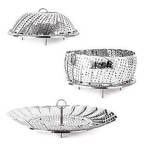 BergHOFF Steamer Basket 7" to 11" Stainless Steel 18/8 Foldable & Expandable Fit Most Pots and Pans Mirror Finish Dishwasher Safe