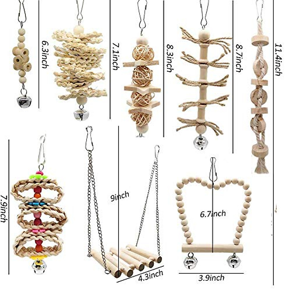 N / A 8 Packs of Bird Swing Chewing Toys, Parrot Natural Wood Climbing Hanging Cage Toys Suitable for Small Parakeets, Love Birds, Cockatiels, Conures, Finches, Parrots, Budgie,Macaws