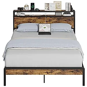 IRONCK Bed Frame,Platform Bed with 2-Tier Storage Headboard and Power Outlets, USB Ports Charging Station, Sturdy and No Noise, No Box Spring Needed, Easy Assembly, Full Size, Vintage Brown