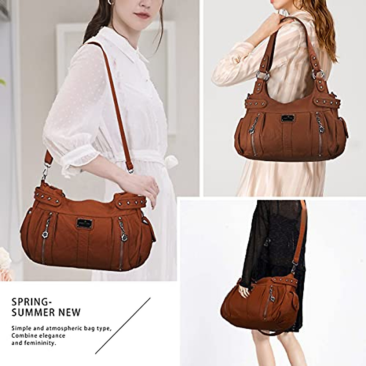 Women Handbags Shoulder Bags Washed Leather Satchel Tote Bag Mutipocket Purse (AK19244-3#8521#194L.BROWN1)