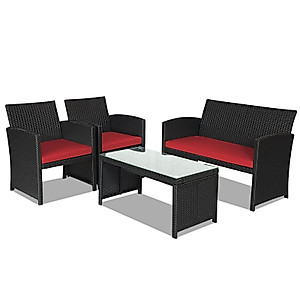 Goplus Rattan Patio Furniture Set 4 Pieces, Outdoor Wicker Conversation Sofa and Table Set with Soft Cushions & Tempered Glass Coffee Table for Balcony Garden Backyard (Red)