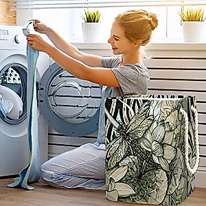 Toy Storage Basket Green Dragonfly Flower Laundry Basket with Durable Soft Handle Drawstring Waterproof Collapsible Washing Bin Dirty Clothes Storage 19.3x11.8x15.9 in