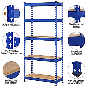 Topeakmart 2 PCS 5-Tier Utility Shelves, Metal Storage Shelves Garage Shelving Unit Adjustable Garage Storage Shelves Storage Racks Heavy Duty Shed Shelving-Blue, 27.5 x 12 x 60 Inch