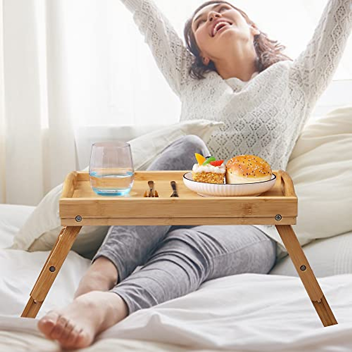 JESSILIN HOME 2 Pack Bamboo Bed Tray Table, Breakfast Tray with Folding Adjustable Legs, Food Tray with Handles, Whole Bamboo