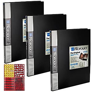 ITOYA Profolio Series 11 X 14 Inch Art Presentation Portfolio - Pack of Three + Scrapbooking Stickers 4 Pages of Emojis, Quotes, Letters & Numbers - Super Bundle,Black