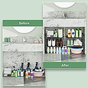 Summer&Kiss Expandable Under Sink Organizers and Storage，2-Tier Cabinet Metal Shelf Organizer with 8 Removable Panels, Black Under Sink Storage Rack for Kitchen Bathroom