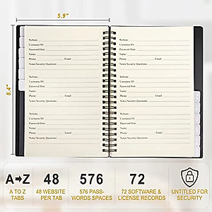 Spiral Password Book with Alphabetical Tab, 576 Entries Internet Address Organizer for Online Login Details, 5.9x8.4in Password Keepers, Untitled Password Notebook Large Print for Home or Office