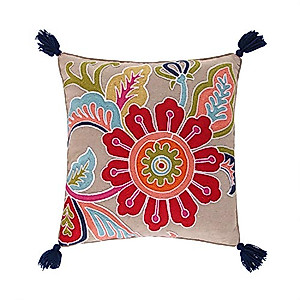Levtex Home - Jules - Decorative Pillow (18x18 in.) - Crewel Flower - Orange, Yellow, Blue, Red, Teal