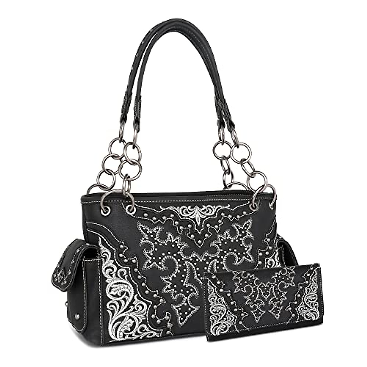 Montana West Boot Scroll Embroidered Collection Satchel for Women Western Shoulder Handbag with Wallet Set MW1110G-8085BK+W