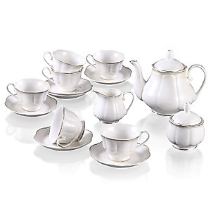 GUANGYANG GY 15-pcs Lotus Shape Porcelain Tea set with 7oz 6 Tea Cups and 6 Saucers,1 Teapot Sugar Bowl,1 Cream Pitcher,White