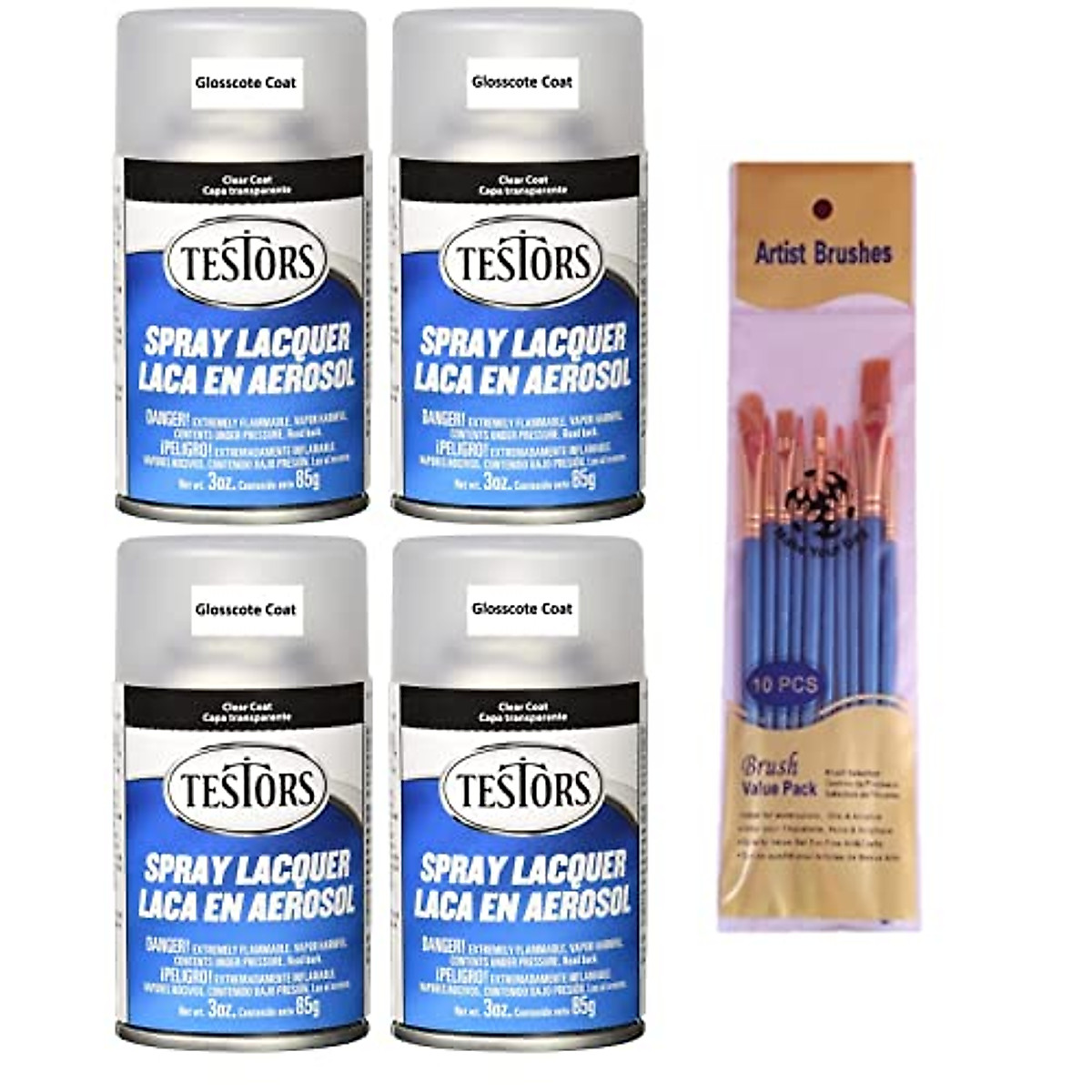 Testors TES1261 Glosscote Spray Enamel 3oz, Clear Coat (Pack of 4) - with Make Your Day Paint Brush Set
