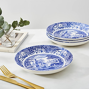 Spode Blue Italian Pasta Bowls | Set of 4 | 9-Inch | Salad, Pasta, and Soup Serving Bowls | Round, Wide, and Shallow Bowl | Microwave Safe Plate | Dishwasher Safe