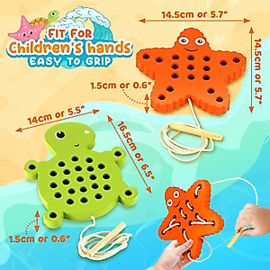 KLT Wooden Lacing Threading Toys for Toddlers Fine Motor Skills, 1 Turtle 1 Starfish Car Airplane Toddler Travel Toys, Wood Puzzle Educational Gifts Learning Montessori Toys for 3, 4, 5 Years Old Kids