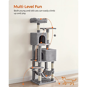 Feandrea Cat Tree, 61-Inch Cat Tower for Indoor Cats, Plush Multi-Level Cat Condo with 5 Scratching Posts, 2 Perches, 2 Caves, Hammock, 2 Pompoms, Light Gray UPCT192W01
